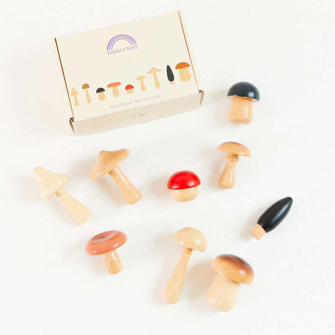 Wooden Mushroom Set/ 9 Woodland Mushrooms – Flying Pig Toys
